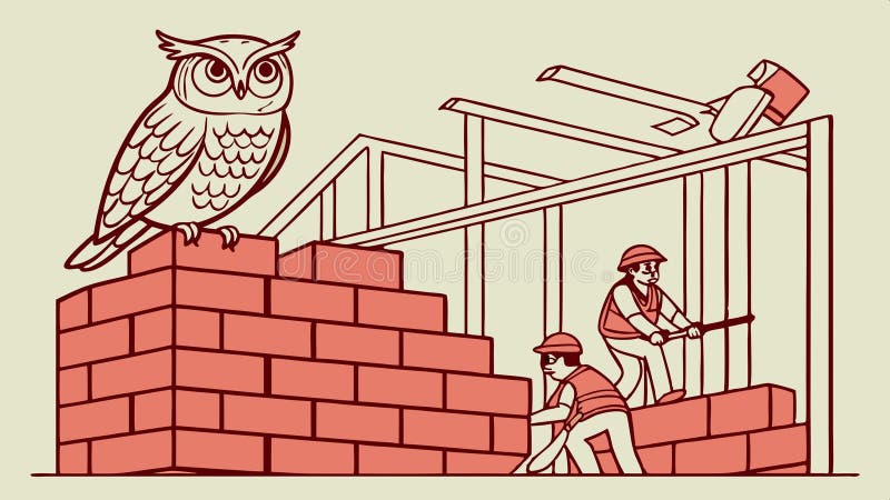 Cartoon Owl Overseeing Construction Workers Building a Brick Wall ...