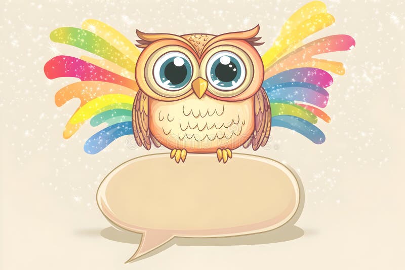 Cartoon Owl with Rainbow Wings on Sparkling Background and Speech ...