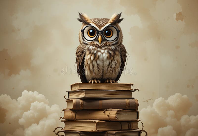A Cartoon Owl is Sitting on Top of a Stack of Books Stock Illustration ...