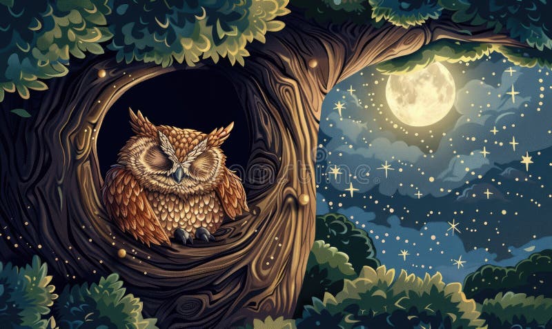 A Cartoon Owl is Sleeping in a Tree Stock Photo - Image of branch ...