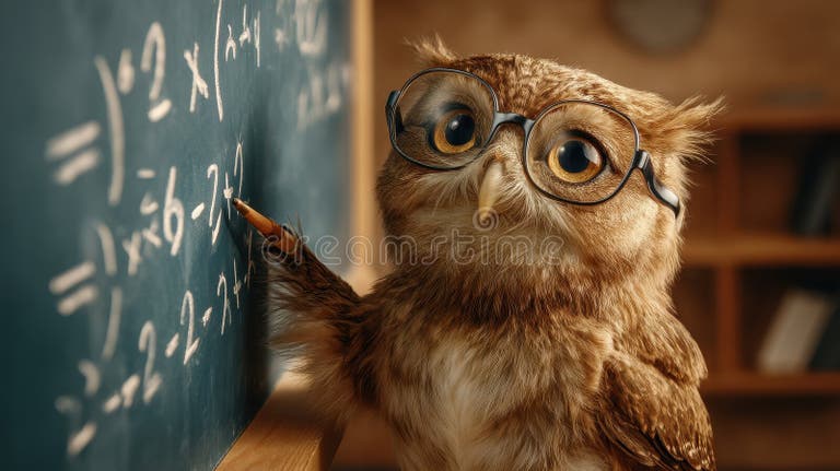 Cartoon Owl Solving Math Equations in Classroom Scene Stock ...