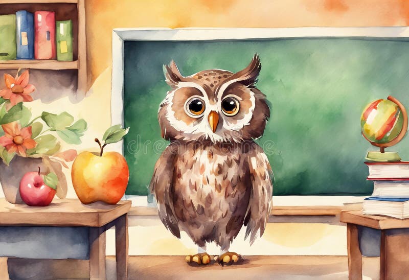 Cartoon Owl is Standing in Front of a Green Chalkboard with a Green ...