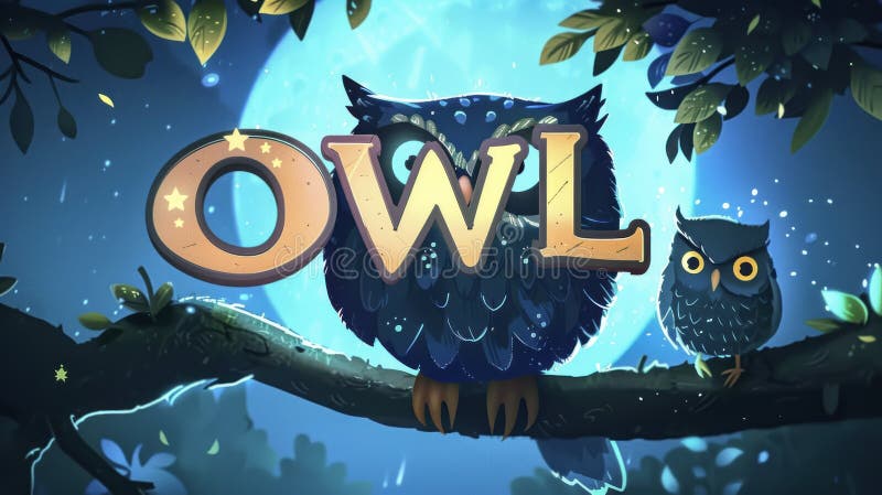 Cartoon Owl with OWL Text in Moonlit Forest Stock Image - Image of ...