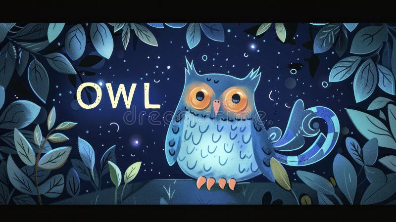 Cartoon Owl with OWL Text in Moonlit Forest Stock Photo - Image of ...