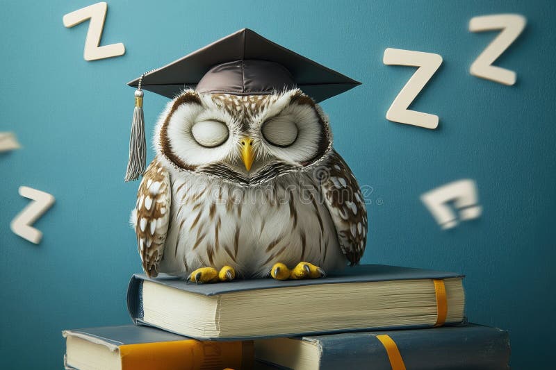 A Cartoon Owl Wearing a Graduation Cap is Sleeping on Top of a Stack of ...