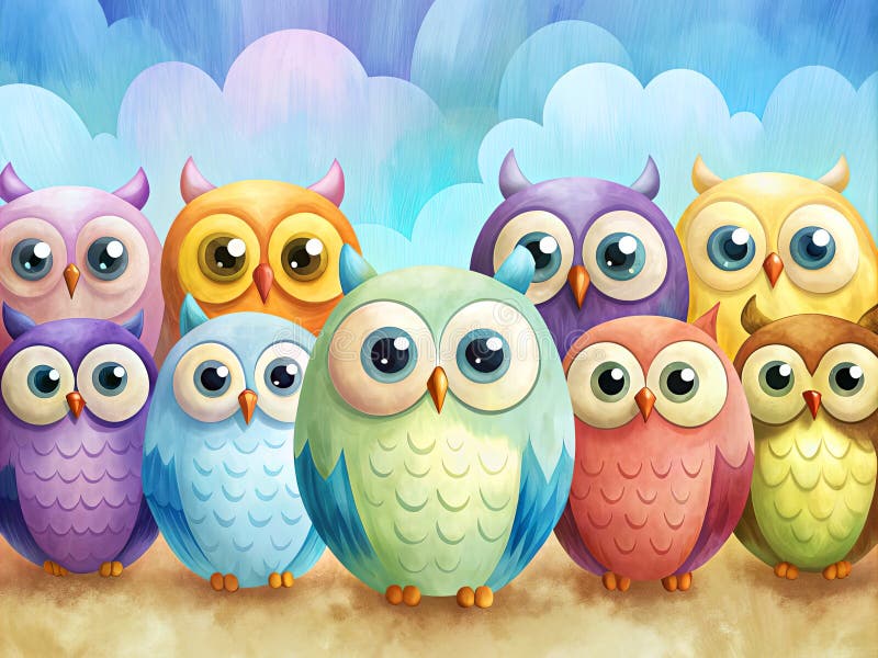 Cartoon Owls Painted in Pastel Colors Stock Illustration - Illustration ...