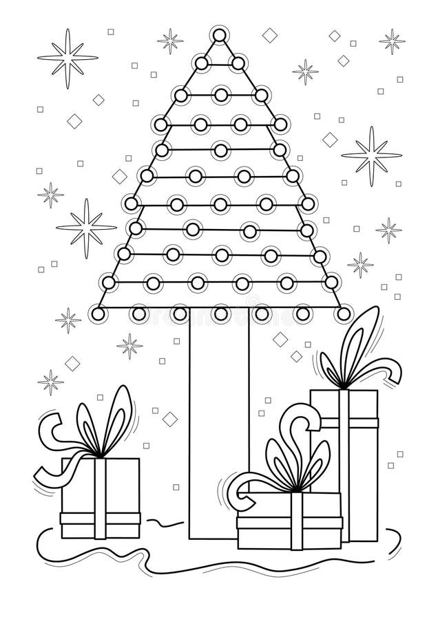 Cartoon Page for Coloring Book with Christmas Tree and Gift Boxes ...