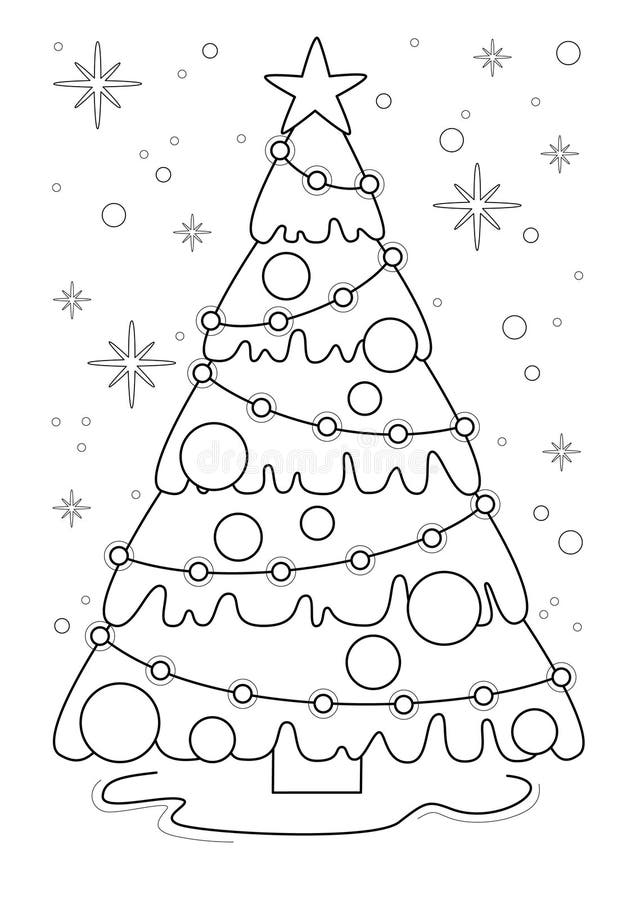 Cartoon Page for Coloring Book with Christmas Tree, Vector Illustration ...