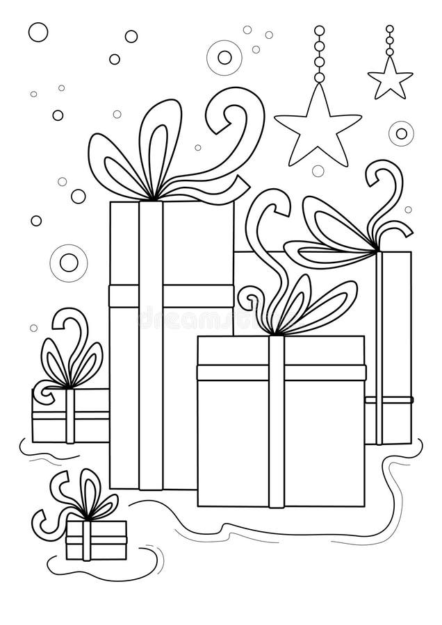 Cartoon Page for Coloring Book with Gift Boxes, Vector Illustration ...