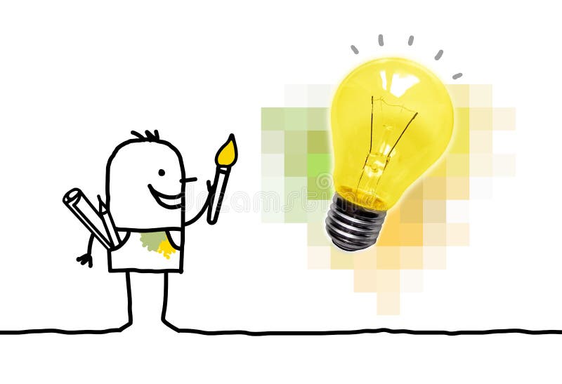 Cartoon Painter Having a New Idea with Light Bulb Stock Illustration ...