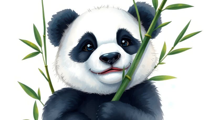 A Cartoon Panda Bear is Holding a Green Bamboo Stick Stock Image ...