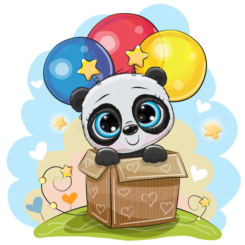 Cartoon Panda in the Box with Balloons Stock Vector - Illustration of ...