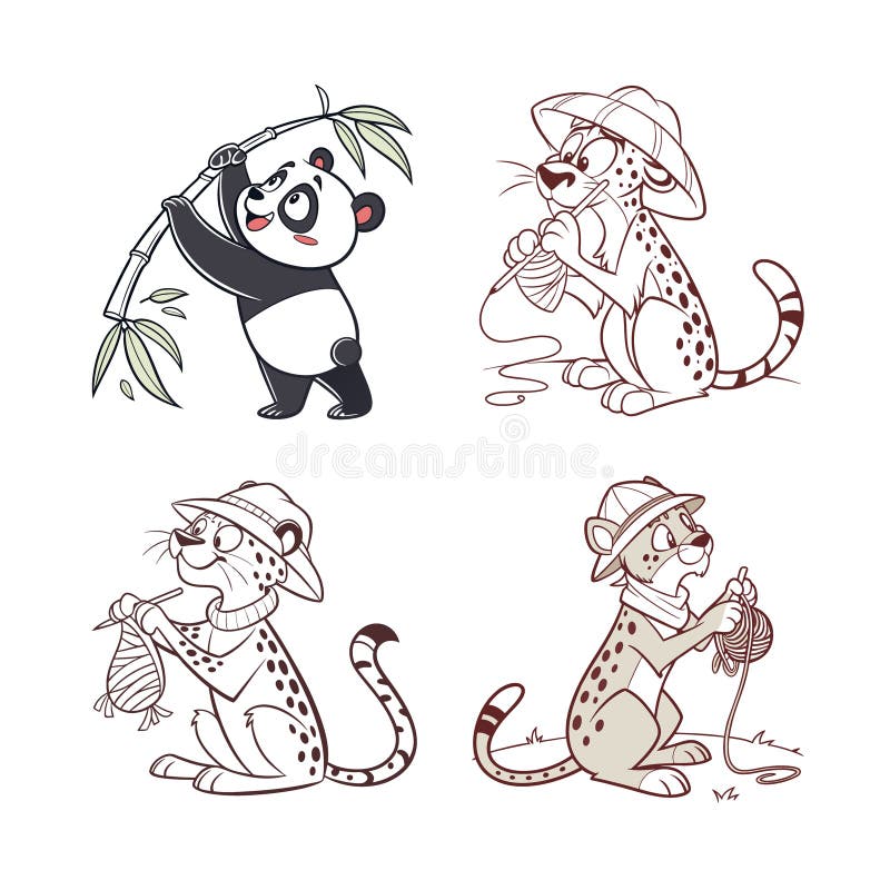 Cartoon Panda and Cheetah Knitting Illustration Set Stock Vector ...