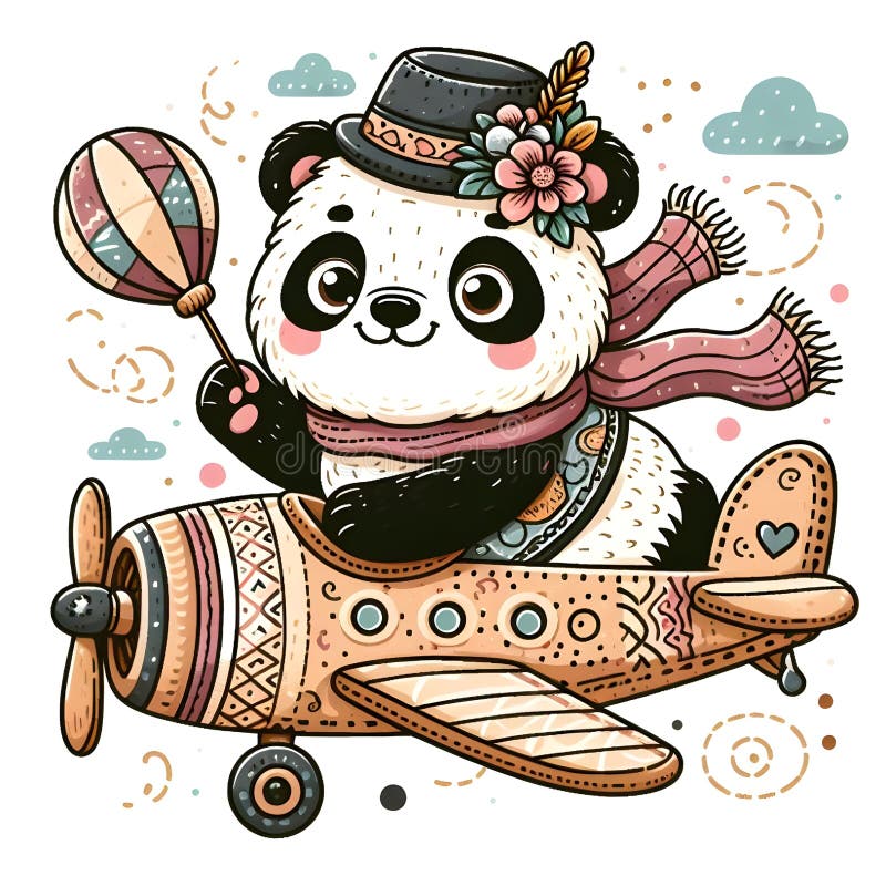 Cartoon Panda Flying with Plane Stock Illustration - Illustration of ...