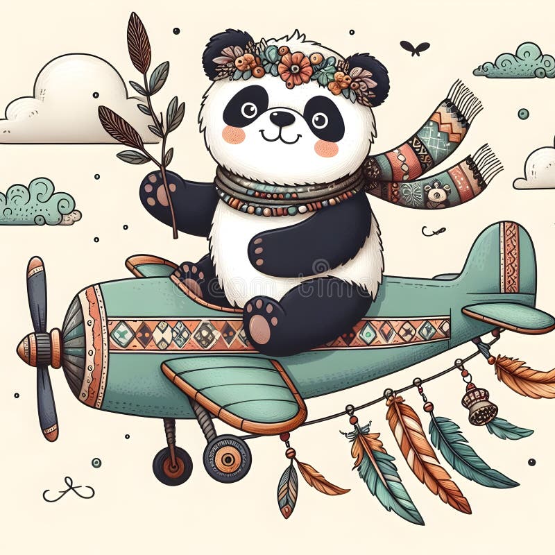 Cartoon Panda Flying with Plane Stock Illustration - Illustration of ...