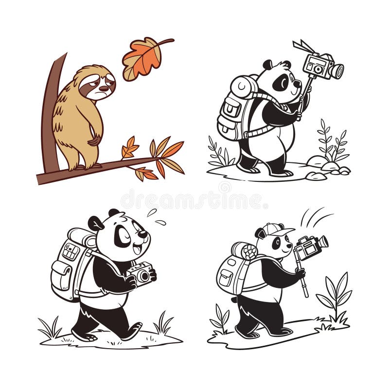 Cartoon Panda Hiking and a Sad Sloth Stock Vector - Illustration of ...