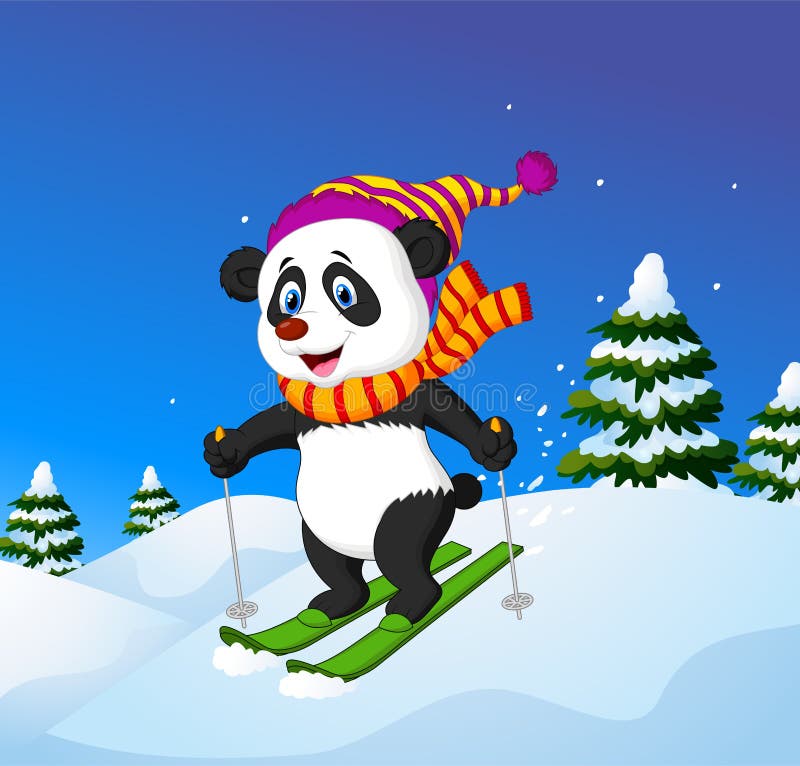 Cartoon Panda Skiing Down a Mountain Slope Stock Vector - Illustration ...