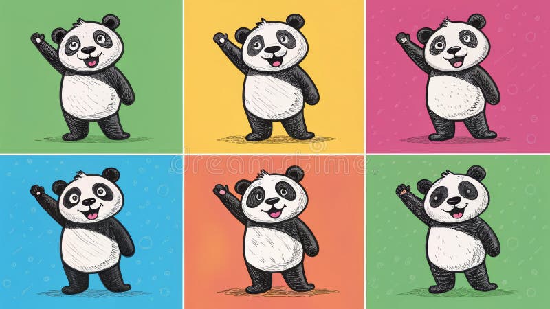 Cartoon Panda is Standing in a Row of Six Different Colored Backgrounds ...