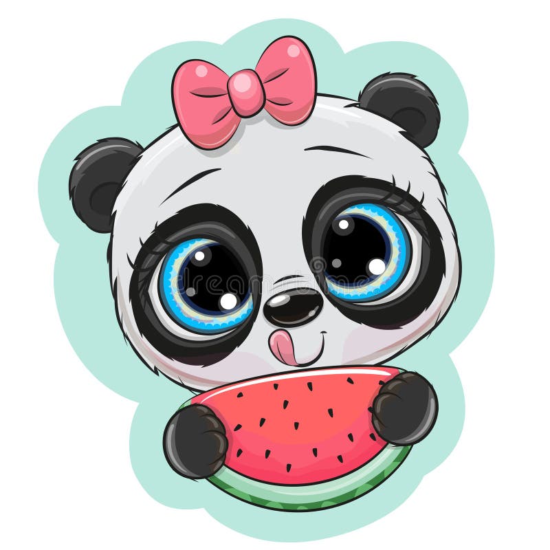 Cartoon Panda with Watermelon and Pink Bow Stock Vector - Illustration ...