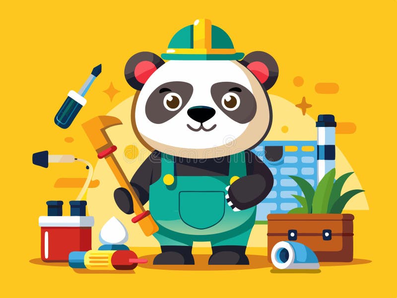 Cartoon Panda in Work Overalls with Repair Tools Stock Illustration ...