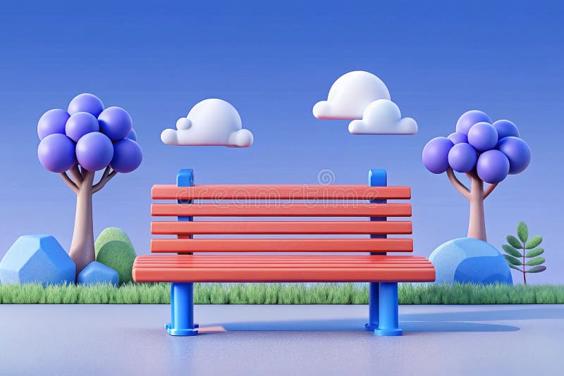 Cartoon Park Bench Scene with Stylized Trees, Clouds, and Rocks Under a ...