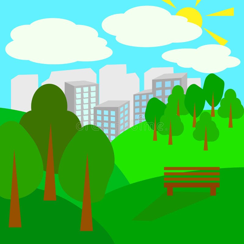Cartoon Park in the City with Bench in Flat Style. Stock Vector ...
