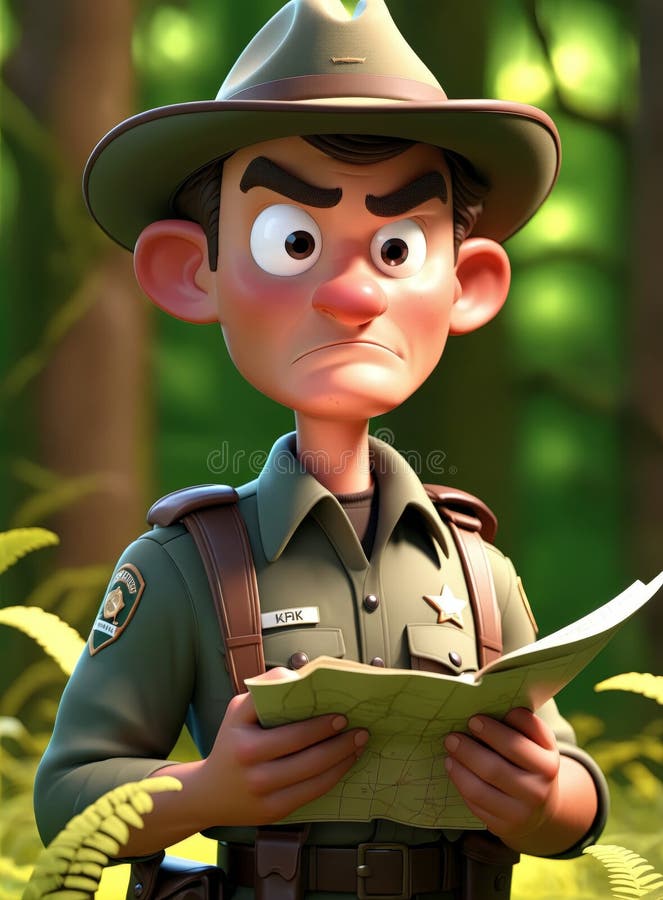 Cartoon Park Ranger Exploring Nature with a Map in a Forest Scene Stock ...