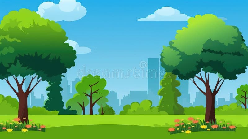 A Cartoon of a Park with Trees and Buildings in the Background Stock ...