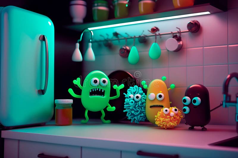 Cartoon Pathogenic Microbes and Bacteria in the Kitchen. Concept of ...