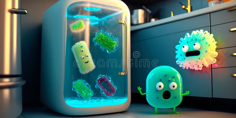 Cartoon Pathogenic Microbes and Bacteria in the Kitchen. Concept of ...
