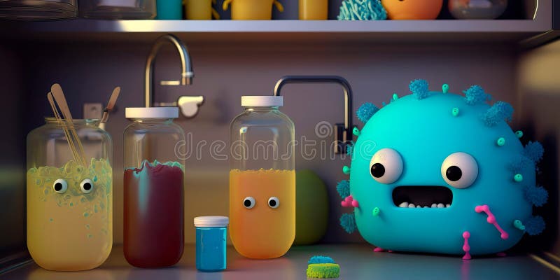 Cartoon Pathogenic Microbes and Bacteria in the Kitchen. Concept of ...