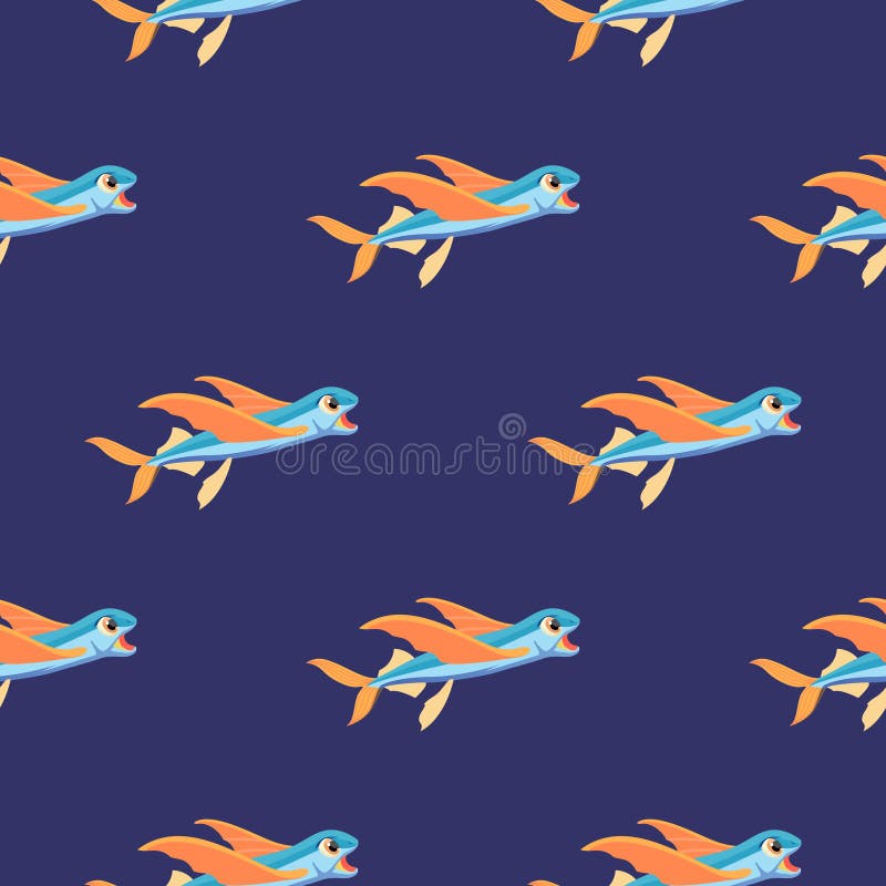 Cartoon Pattern of Flying Fish on a Blue Background for Printing and ...