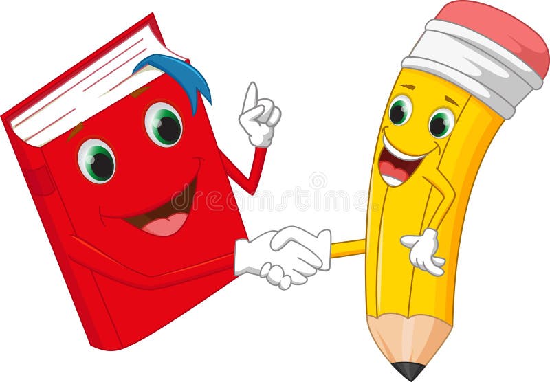 Cartoon Pencil and Books Shake Hands Stock Vector - Illustration of ...