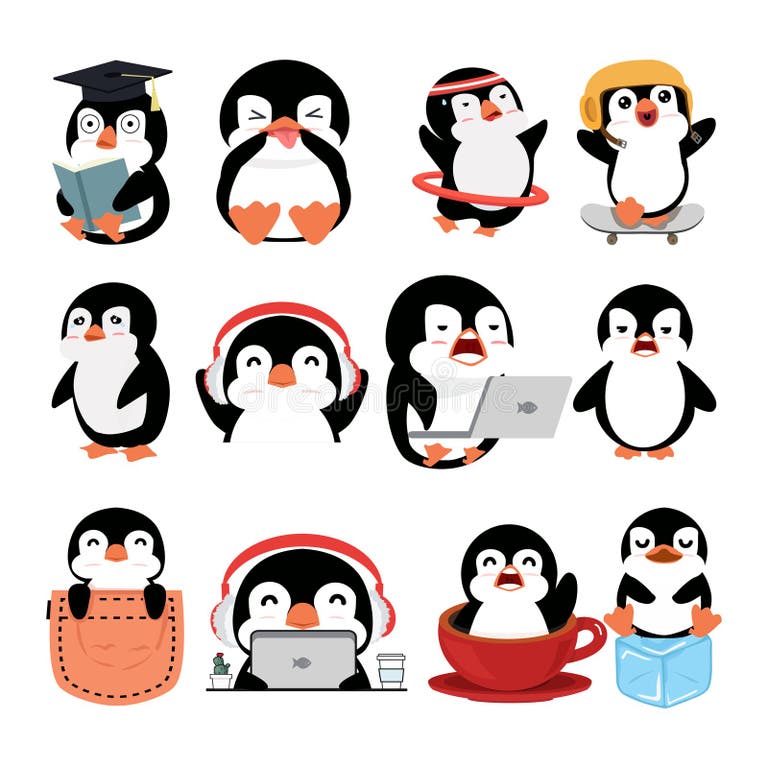Cartoon Penguin Characters in Different Poses Set Stock Vector ...
