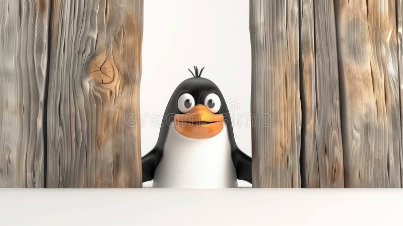 Cartoon Penguin Peeking from Wooden Panels. Stock Image - Image of ...