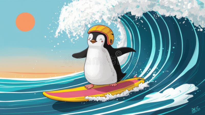 A Cartoon Penguin on a Surfboard Riding the Waves of an Ocean, AI Stock ...