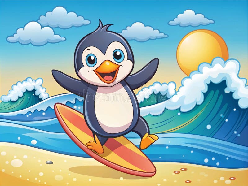 Cartoon Penguin Surfing stock vector. Illustration of blue - 324256559