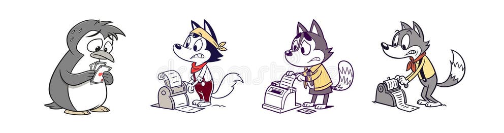 Cartoon Penguin and Wolves Using Adding Machines Stock Vector ...
