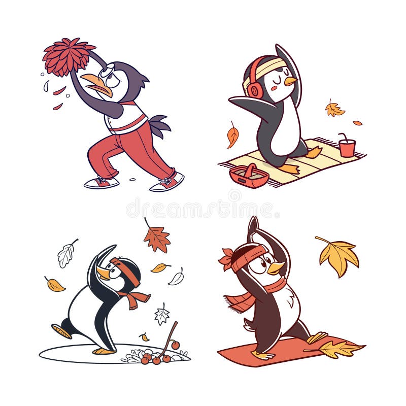 Cartoon Penguins Doing Yoga in the Fall Stock Vector - Illustration of ...