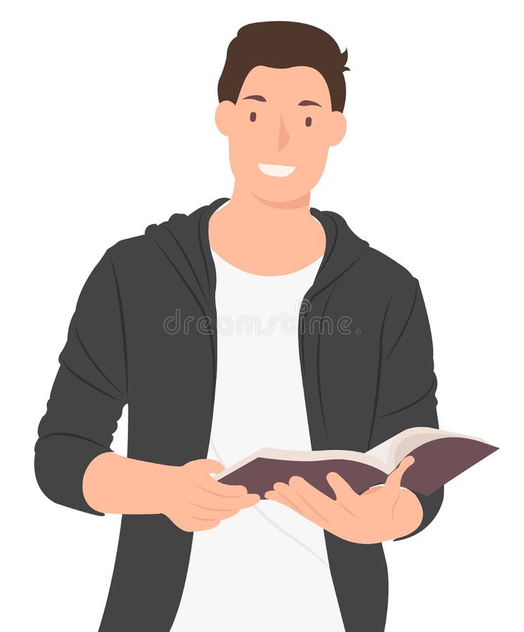 Cartoon People Character Design Handsome Guy Reading Book with Smiling ...