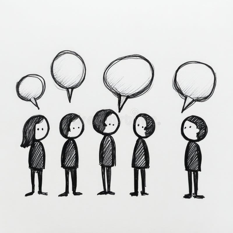 Cartoon People Discussing Ideas with Speech Bubbles on White Background ...