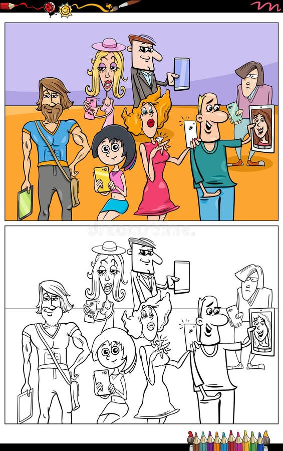 Cartoon People Group with Smart Phones Coloring Page Stock Vector ...