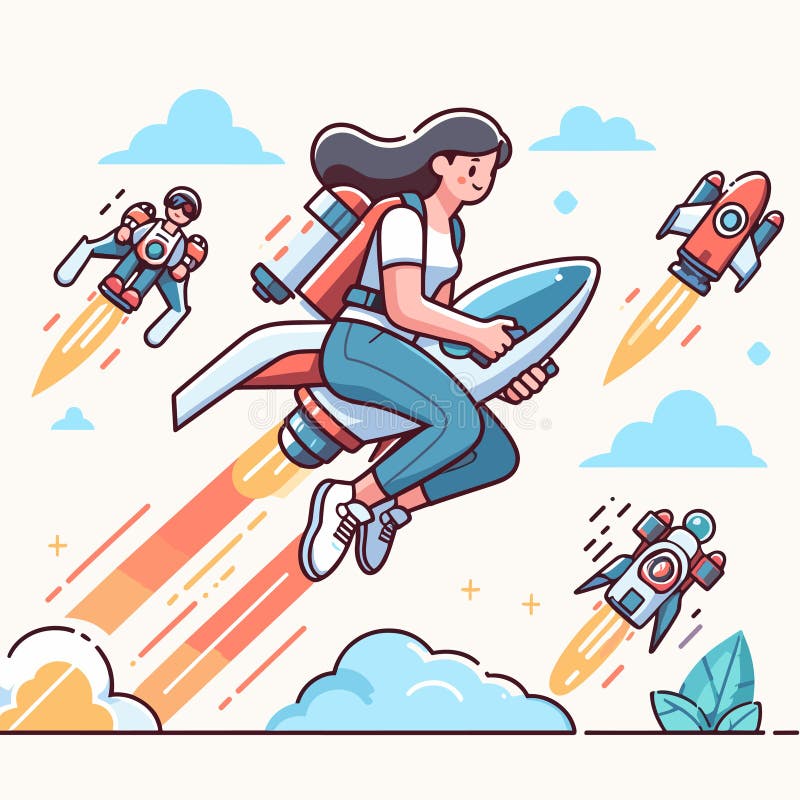Cartoon People Race and Fly with Jetpack Vector Stock Illustration ...