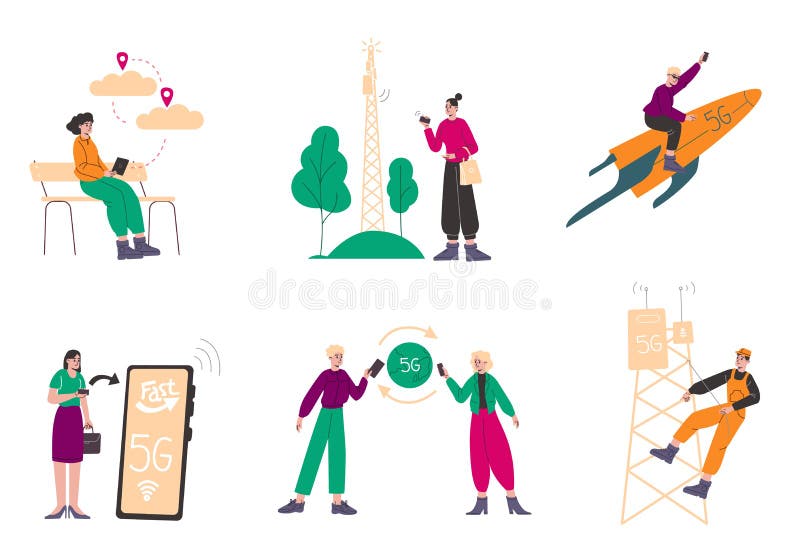 Cartoon People Using 5G. High Speed Communications. Mobile Network ...