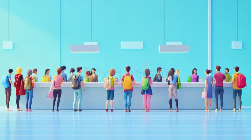 Cartoon People Waiting in Line at a Counter Stock Illustration ...