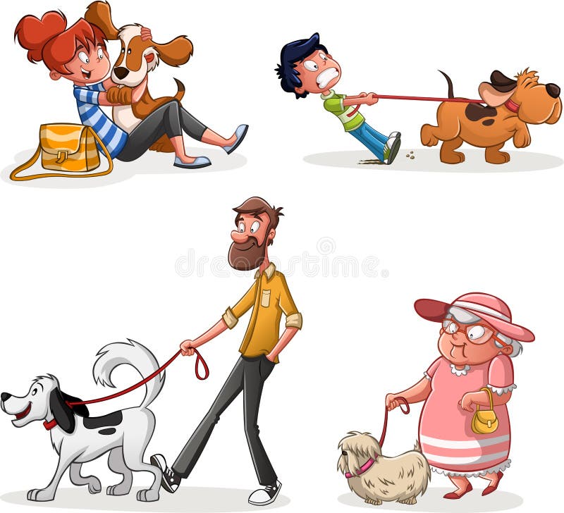 Cartoon People Walking Dogs. Stock Vector - Illustration of walking ...
