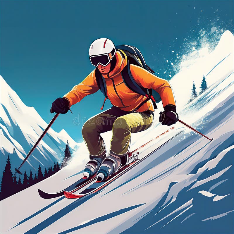 A Simple Cartoon of a Person Skiing Down a Mountain Stock Illustration ...