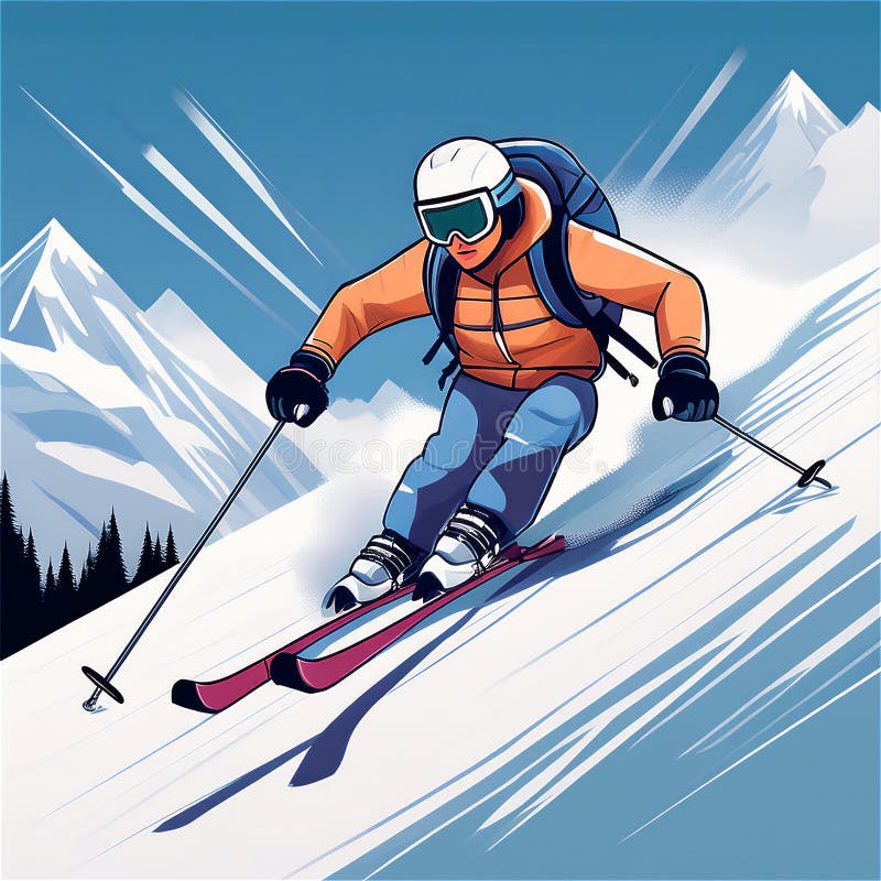 A Simple Cartoon of a Person Skiing Down a Mountain Stock Illustration ...