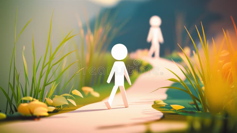 A Cartoon Person Walking Down a Path with Grass and Flowers, AI Stock ...