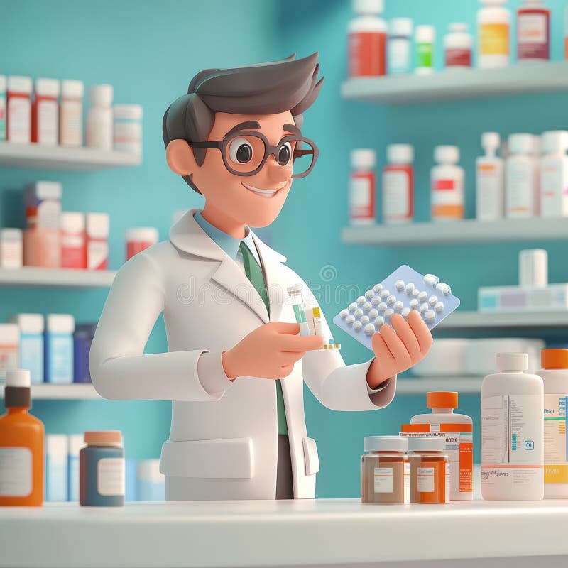 Cartoon Pharmacist Holding Pills in a Pharmacy Stock Illustration ...
